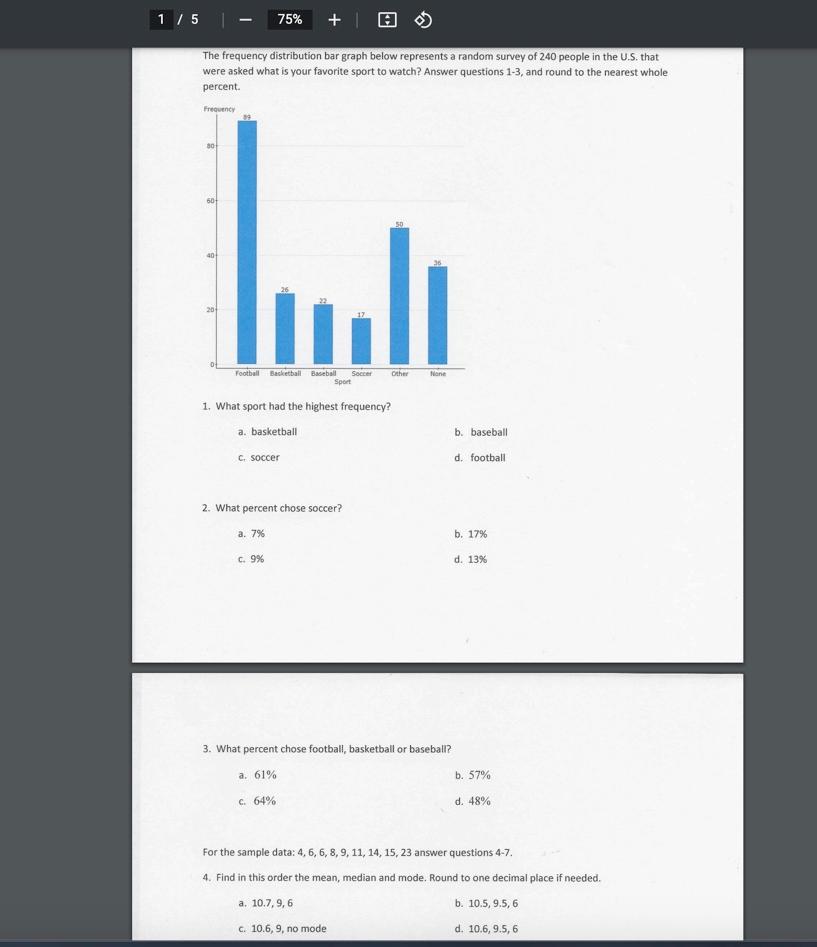 Solved 1 / 5 75% + | The frequency distribution bar graph | Chegg.com