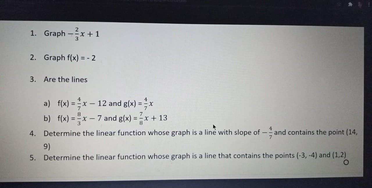 Solved 1. Graph -x +1 2. Graph f(x) = -2 3. Are the lines a) | Chegg.com