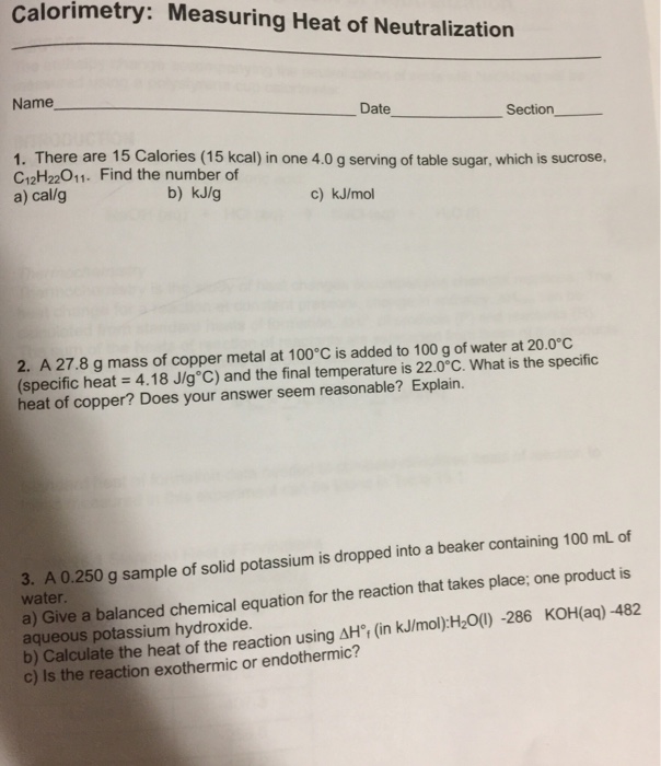 Solved Calorimetry: Measuring Heat of Neutralization Name | Chegg.com