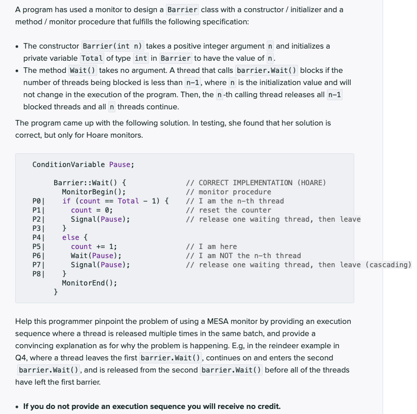 Solved A program has used a monitor to design a Barrier | Chegg.com
