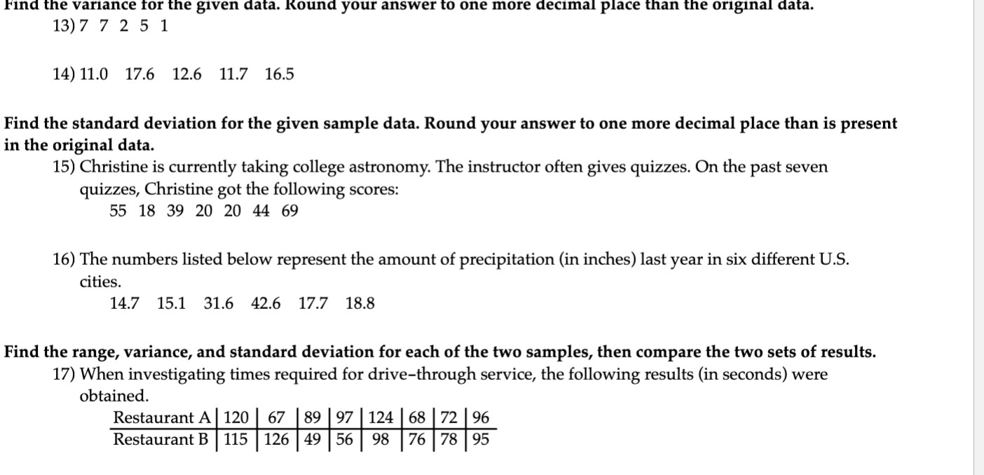 Solved Find the variance for the given data. Round your | Chegg.com