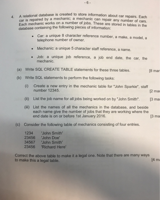 Solved A relational database is created to store infor car | Chegg.com