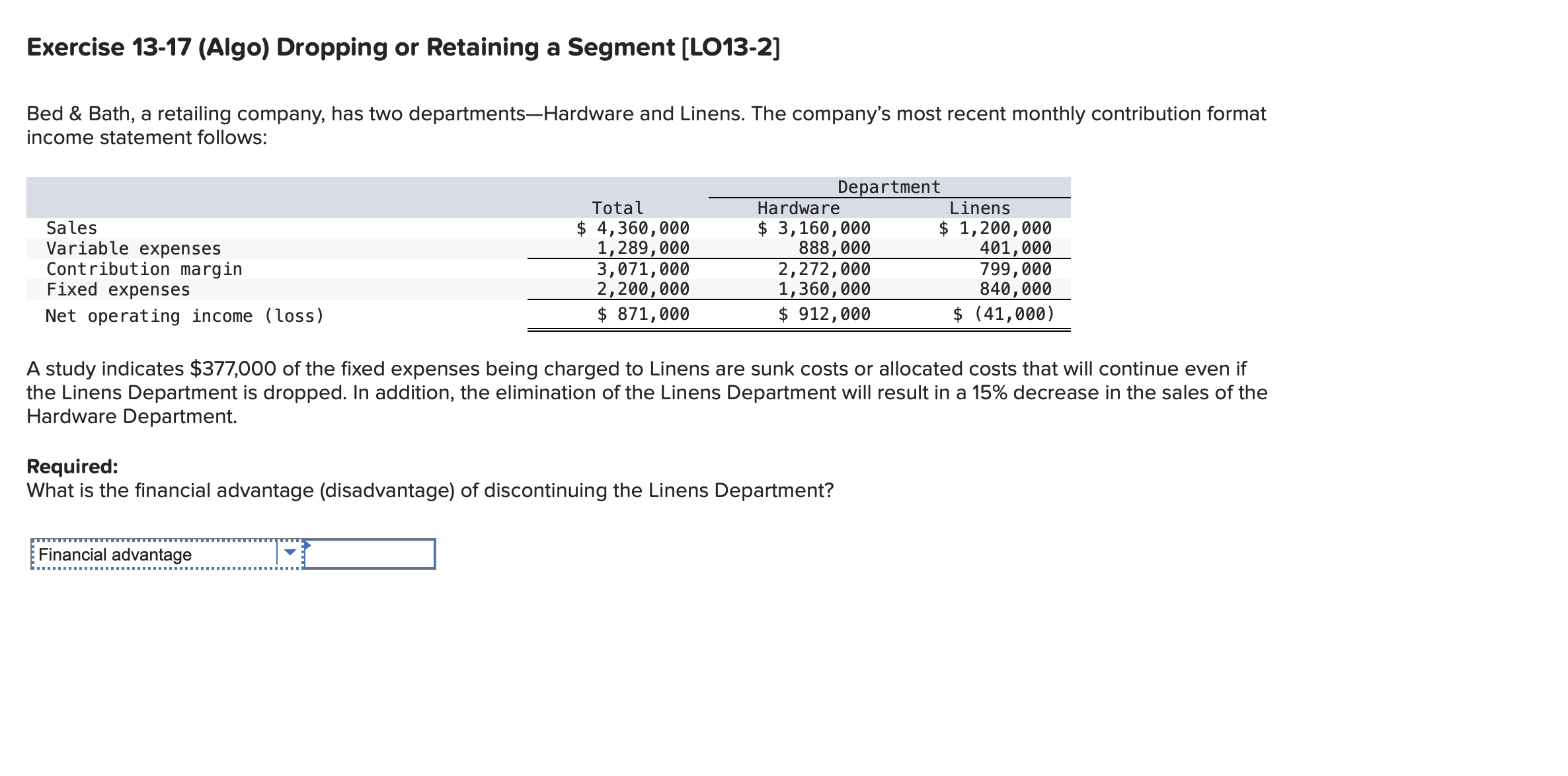 Solved Exercise 13-17 (Algo) Dropping or Retaining a Segment | Chegg.com