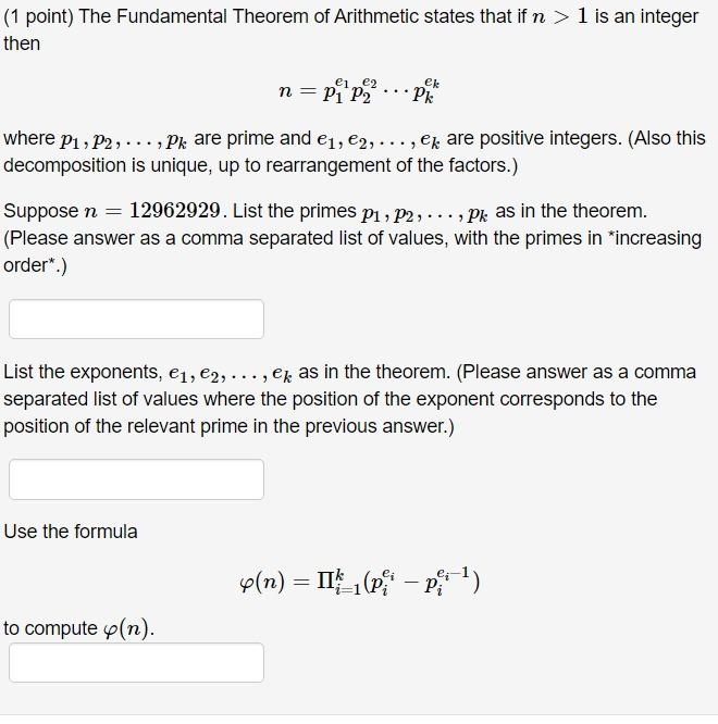 Solved ek Pk (1 point) The Fundamental Theorem of Arithmetic | Chegg.com