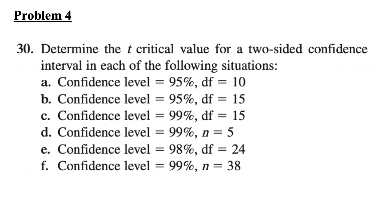 Solved Problem 4 = = = = 30. Determine the t critical value | Chegg.com