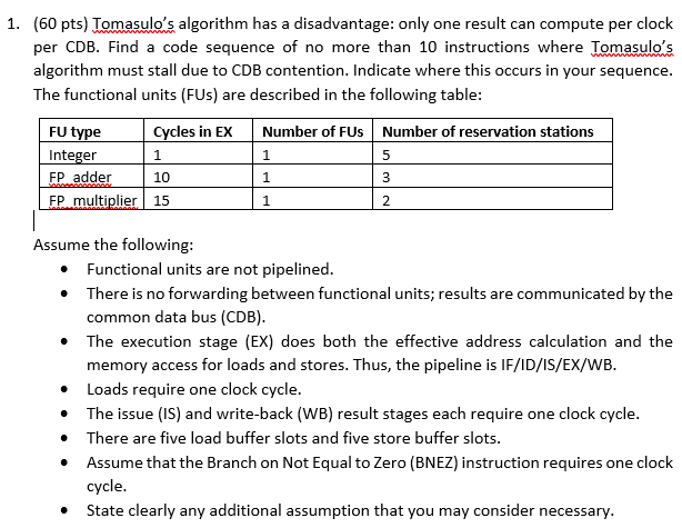 Solved 1. (60 pts) Tomasulo's algorithm has a disadvantage: | Chegg.com