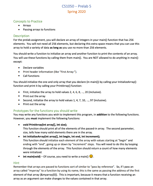 Solved CS1050 - Prelab 5 Spring 2020 Concepts to Practice • | Chegg.com