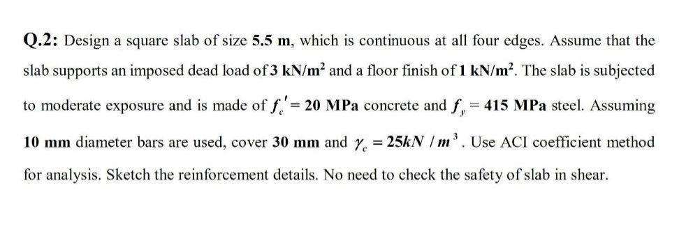 Solved Q.2: Design a square slab of size 5.5 m, which is | Chegg.com