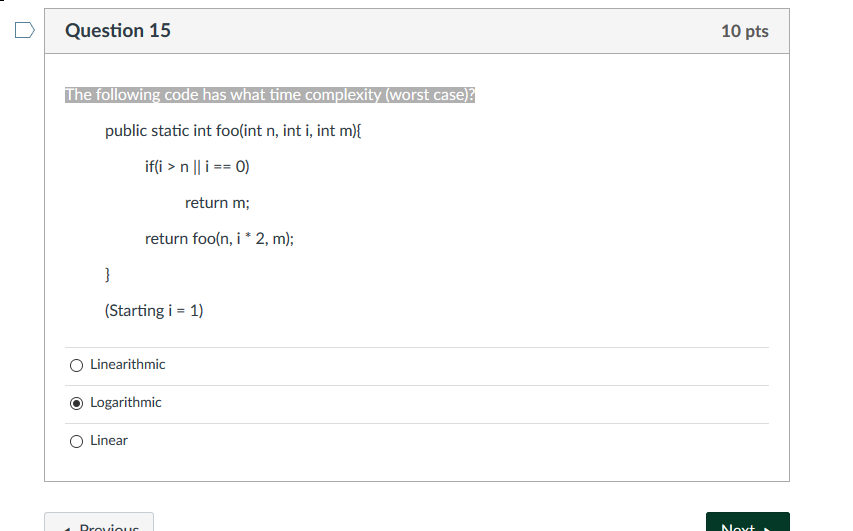 Solved Question 15 10 pts The following code has what time | Chegg.com
