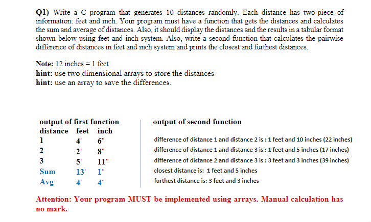 Solved Q1) Write a C program that generates 10 distances | Chegg.com