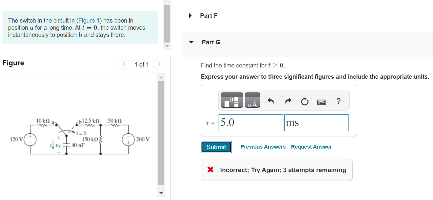 Solved The switch in the circuit in (Figure 1) has been in | Chegg.com