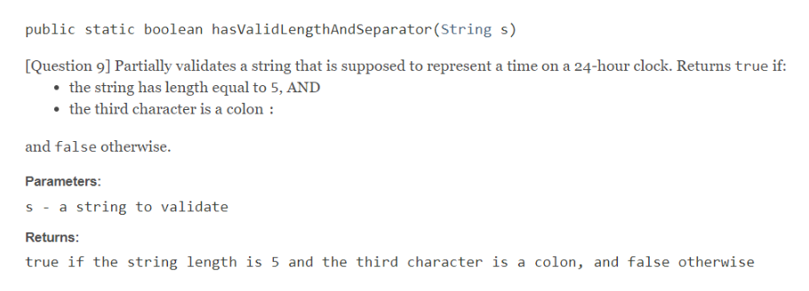 Solved public static boolean hasValidLengthAndSeparator | Chegg.com