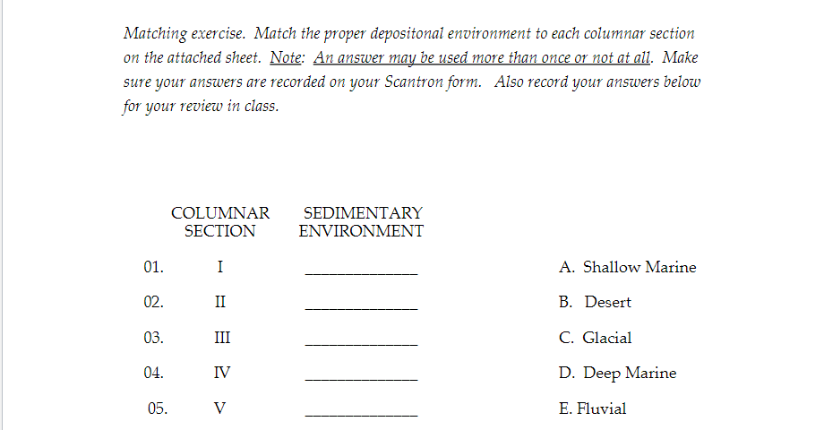 Solved Matching exercise. Match the proper depositonal | Chegg.com