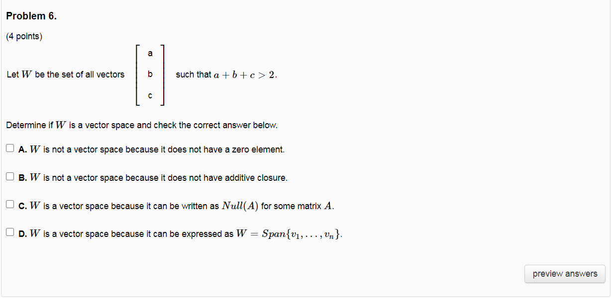 Solved Problem 6. (4 points) Let W be the set of all vectors | Chegg.com