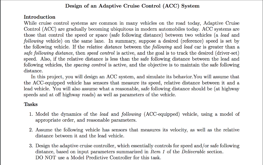 Design of an Adaptive Cruise Control (ACC) System | Chegg.com