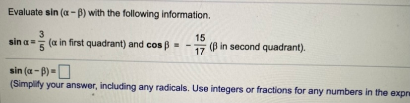 Solved Evaluate sin (a-B) with the following information. 3 | Chegg.com