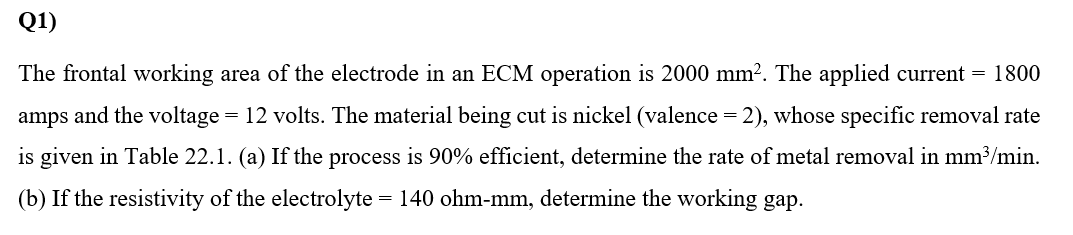 Solved The frontal working area of the electrode in an ECM | Chegg.com