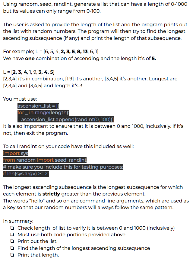 Solved Using random, seed, randint, generate a list that can | Chegg.com
