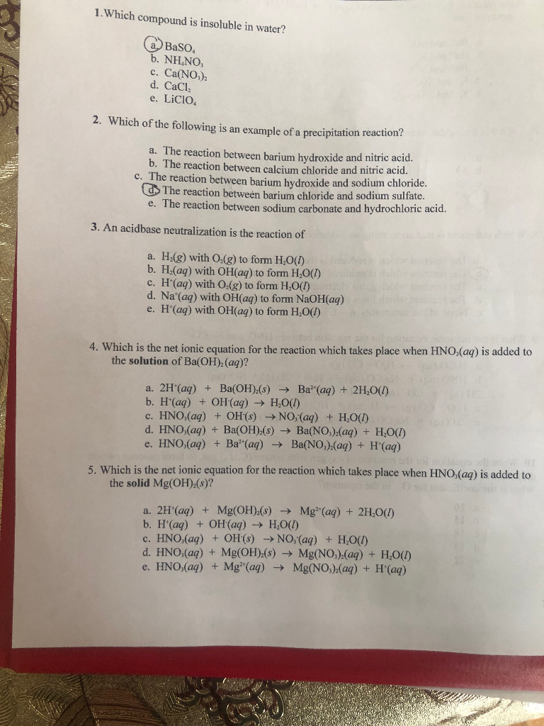 Solved 1. Which compound is insoluble in water? (a) Baso. b. | Chegg.com