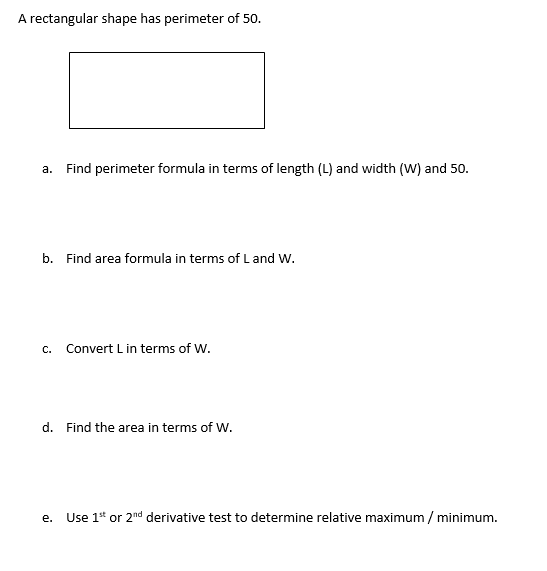 Solved A rectangular shape has perimeter of 50 . a. Find | Chegg.com