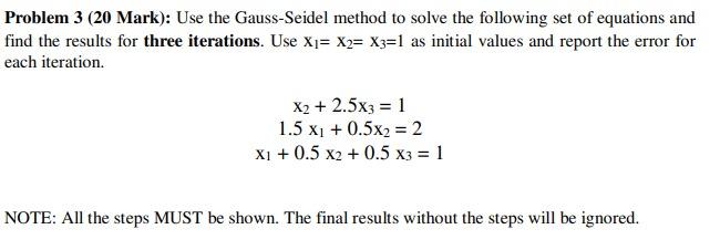 Solved Problem 3 (20 Mark): Use the Gauss-Seidel method to | Chegg.com