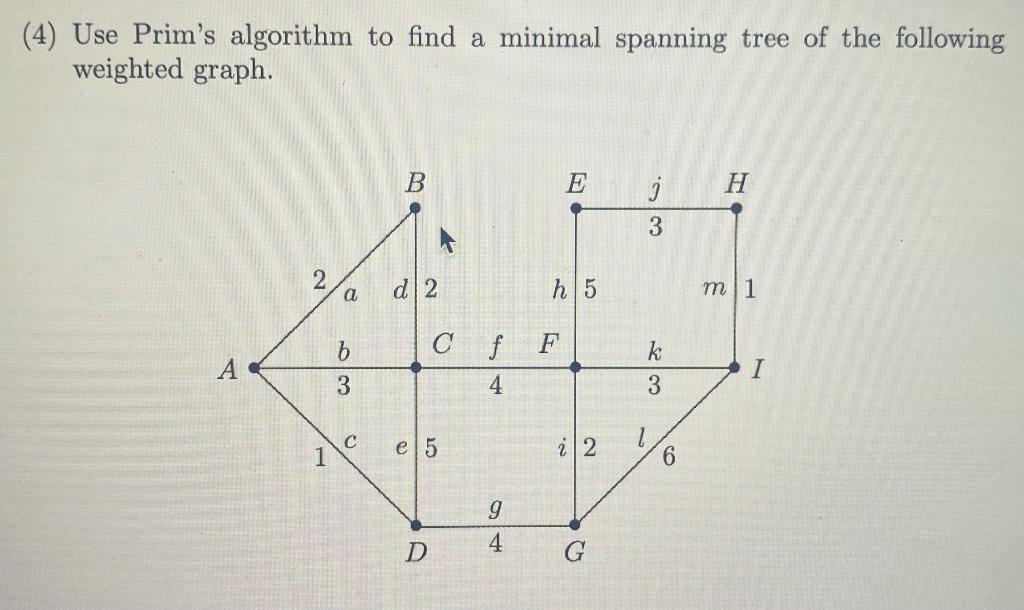 Solved (4) Use Prim's algorithm to find a minimal spanning | Chegg.com