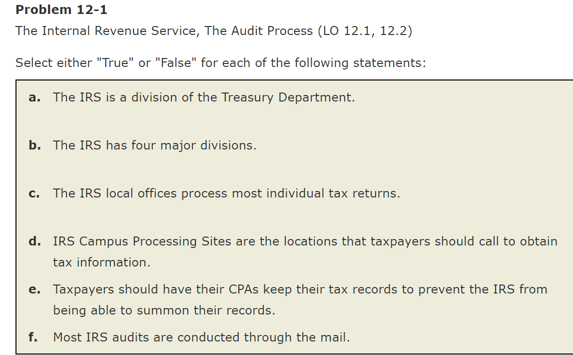 Solved Problem 12-1 The Internal Revenue Service, The Audit | Chegg.com