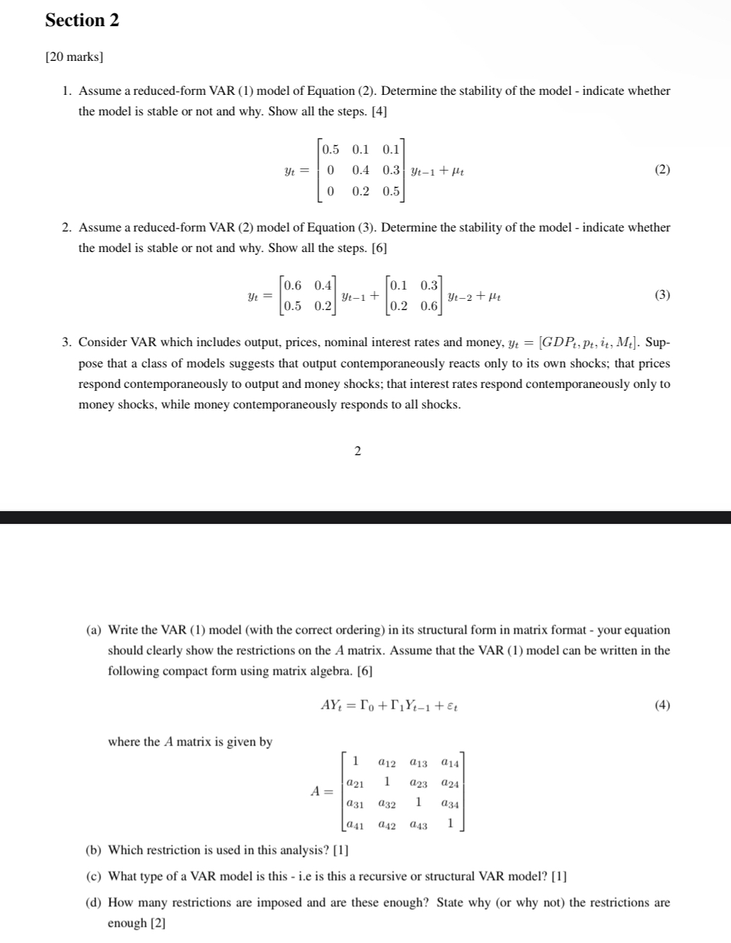 Solved 1. Assume a reduced-form VAR (1) model of Equation | Chegg.com