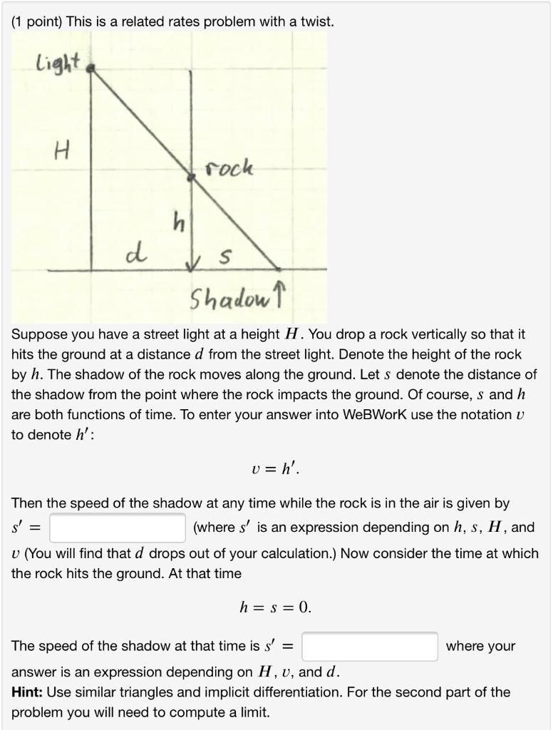 Solved (1 point) This is a related rates problem with a | Chegg.com