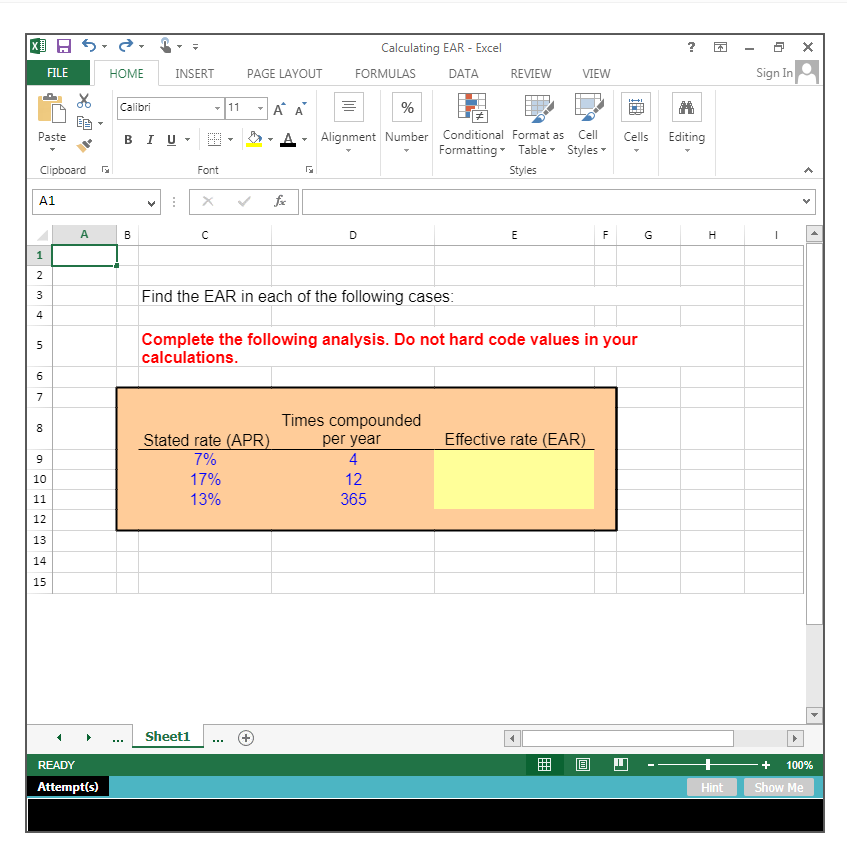Solved Calculating EAR - Excel ? X FILE HOME INSERT PAGE | Chegg.com