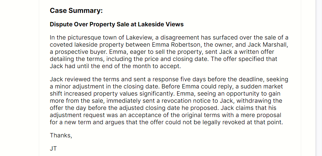 Solved Case Summary:Dispute Over Property Sale at Lakeside | Chegg.com