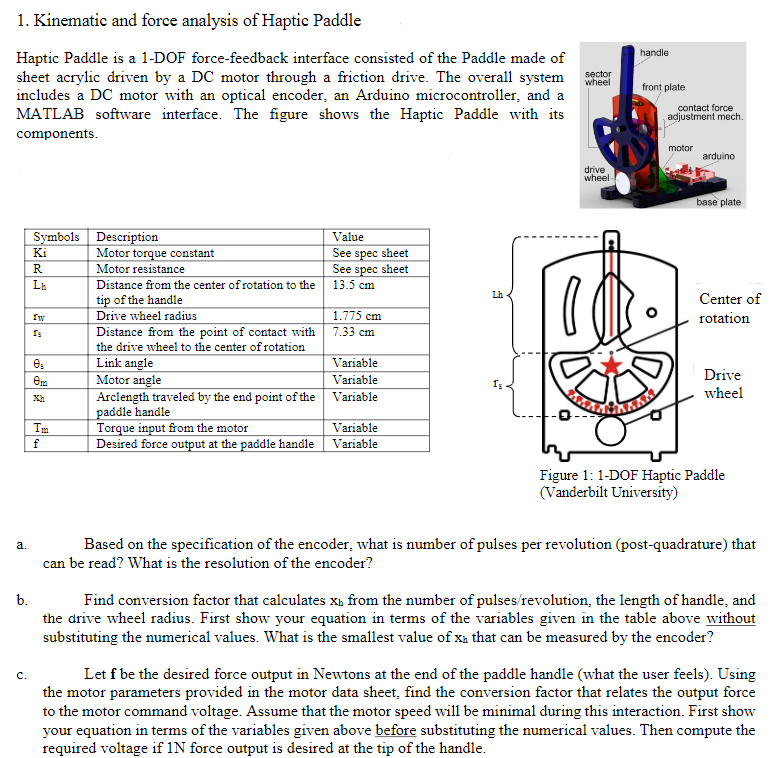 Solved 1. Kinematic and force analysis of Haptic Paddle | Chegg.com