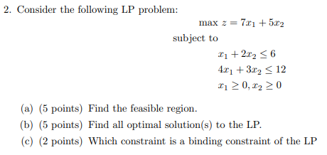 Solved 2. Consider the following LP problem: max 2 = 7+1 | Chegg.com