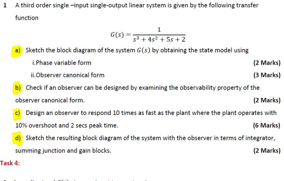 Solved 1 A third order single -input single-output linear | Chegg.com