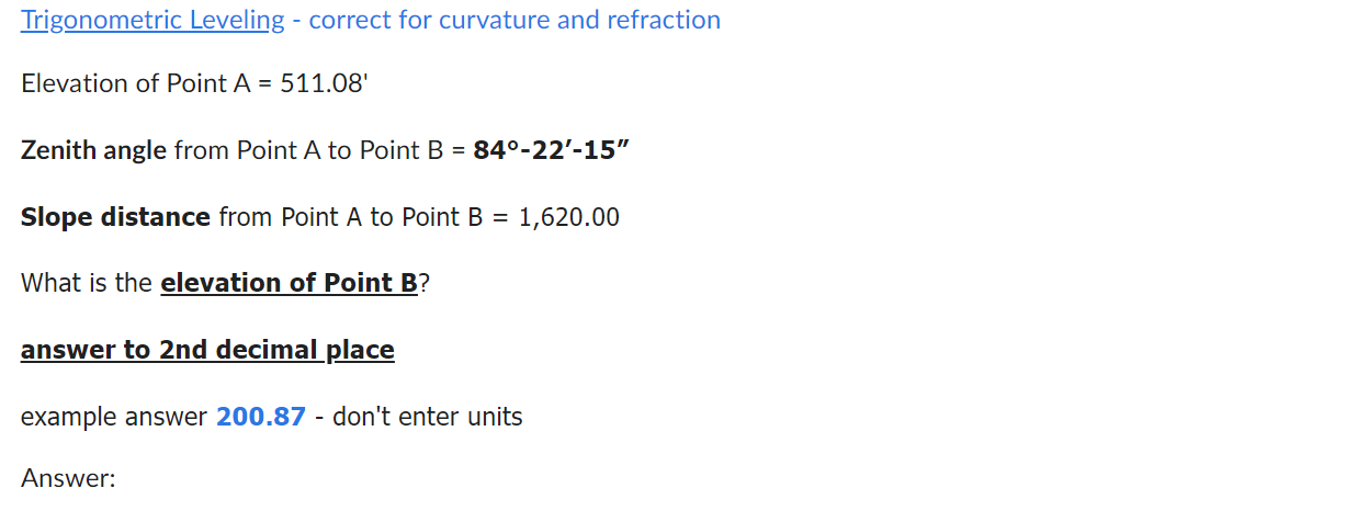 Trigonometric Leveling - correct for curvature and | Chegg.com