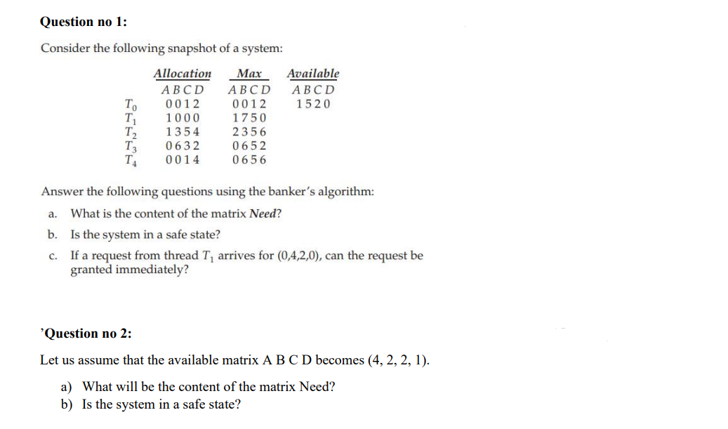 Solved Question no 1: Consider the following snapshot of a | Chegg.com