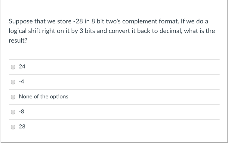 Solved Suppose that we store -28 in 8 bit two's complement | Chegg.com