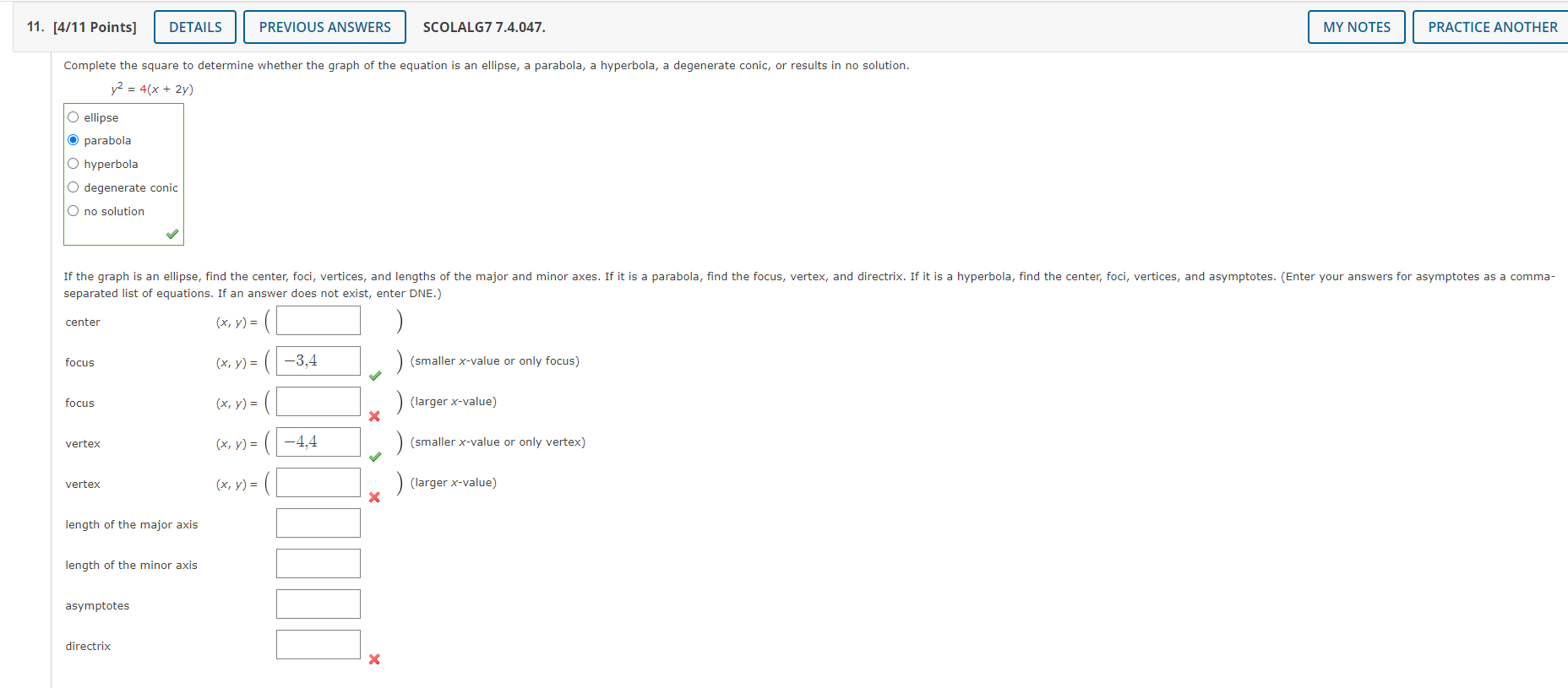 Solved y2=4(x+2y) ellipse parabola hyperbola degenerate | Chegg.com