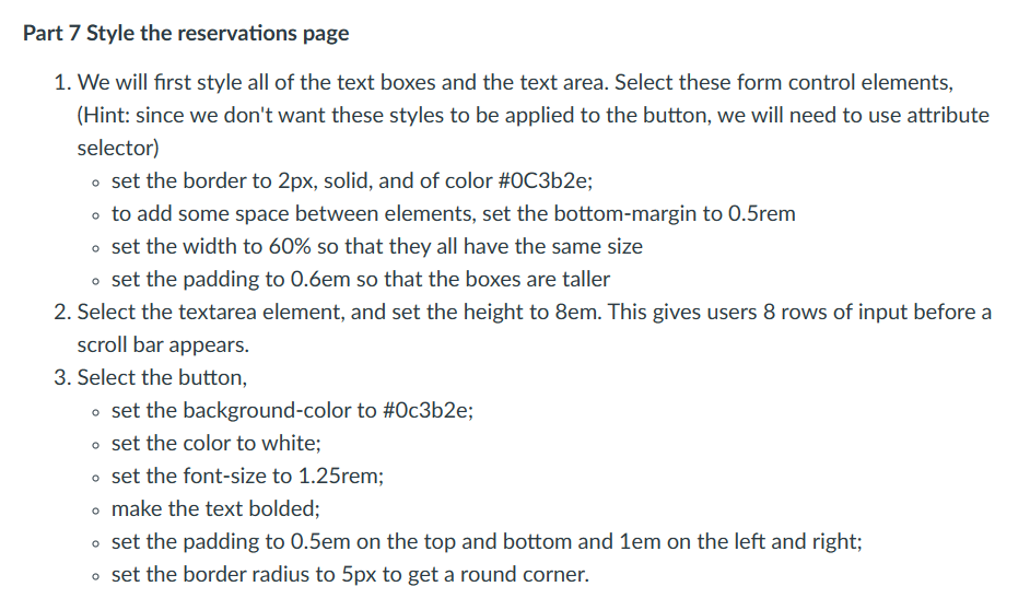 Solved Part 7 ﻿Style the reservations pageWe will first | Chegg.com