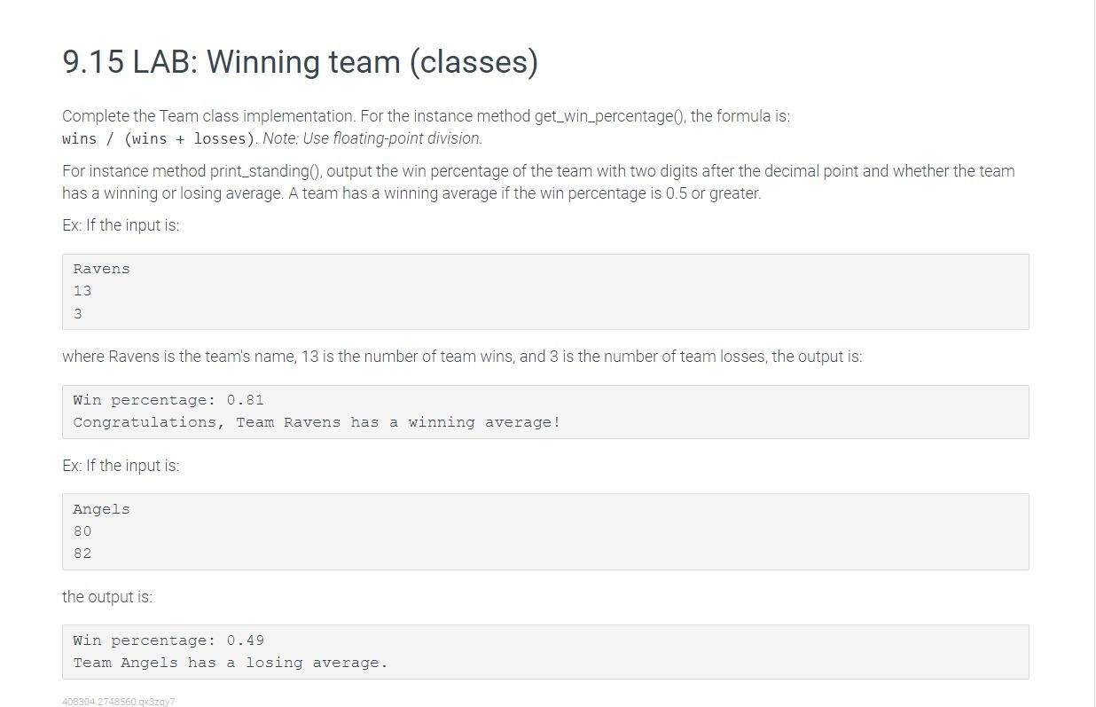Solved Complete the Team class implementation. For the | Chegg.com