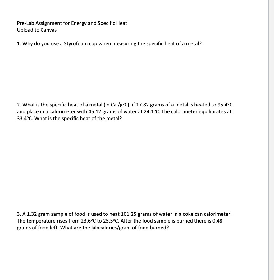 Solved Pre-Lab Assignment for Energy and Specific Heat | Chegg.com