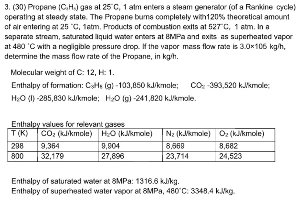 Solved 3. (30) Propane (C,He) gas at 25'C, 1 atm enters a | Chegg.com