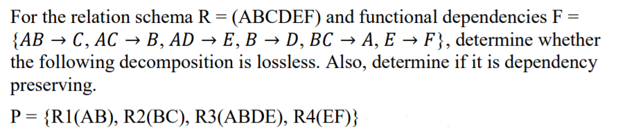 Solved For the relation schema R (ABCDEF) and functional | Chegg.com