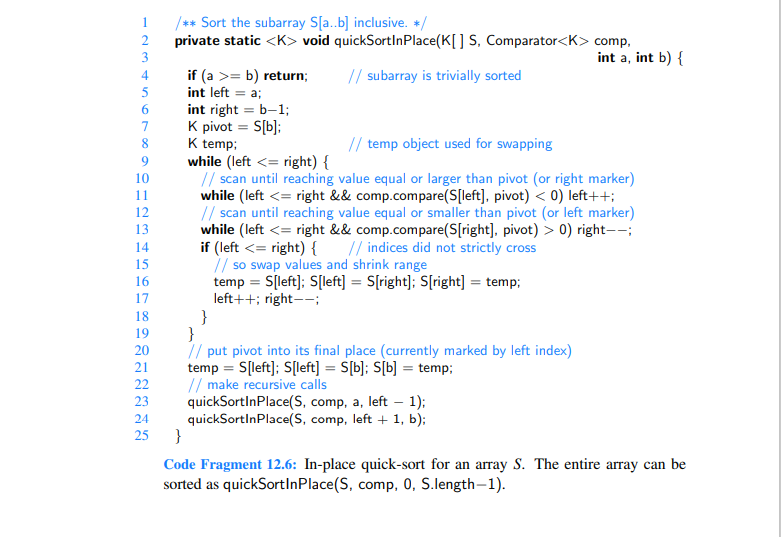 Solved Code Fragment 12.6: In-place quick-sort for an array | Chegg.com