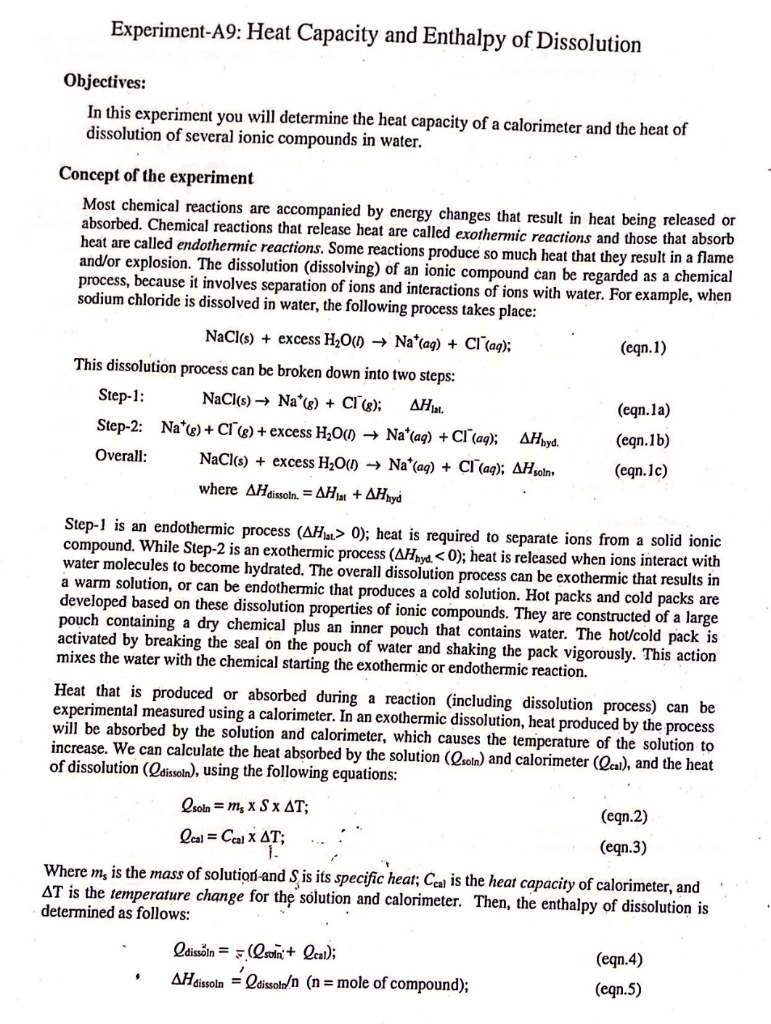 Solved Experiment-A9: Heat Capacity and Enthalpy of | Chegg.com