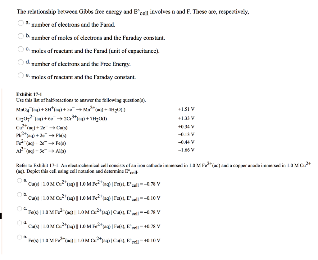 Solved The relationship between Gibbs free energy and E°cell | Chegg.com