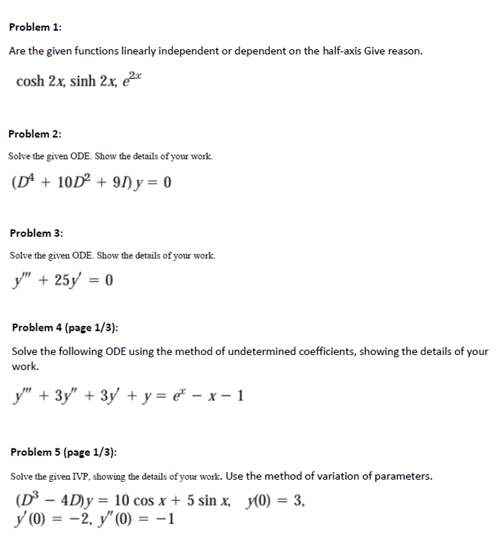 Solved Problem 1:Are the given functions linearly | Chegg.com