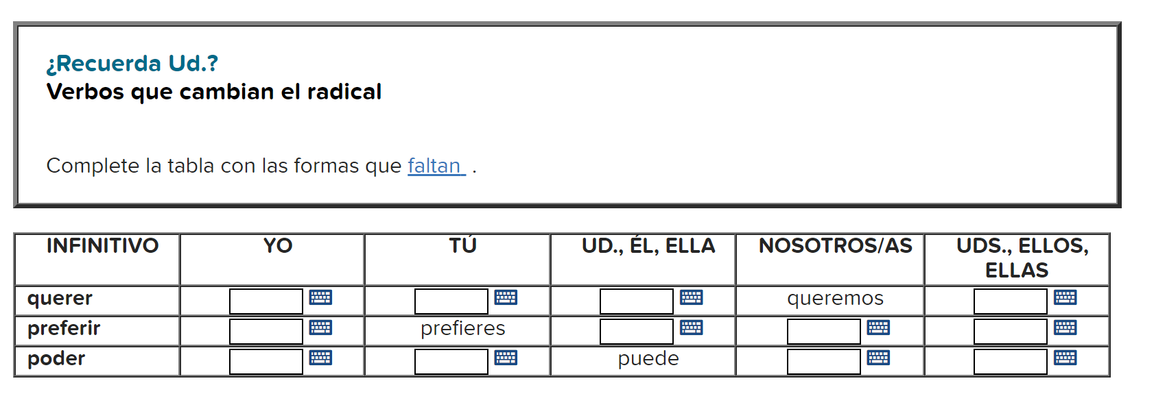 ¿Recuerda Ud.? Verbos que cambian el radical Complete | Chegg.com