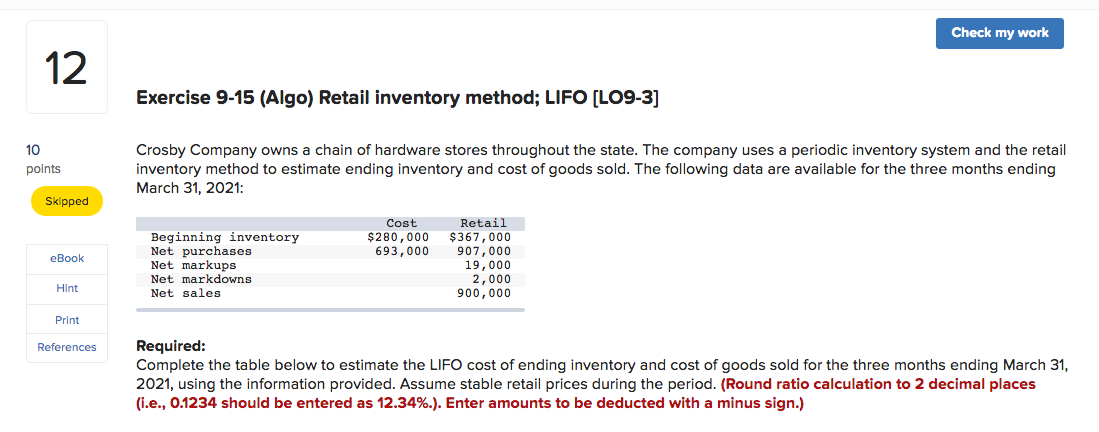 Solved Exercise 9-15 (Algo) Retail inventory method; LIFO | Chegg.com