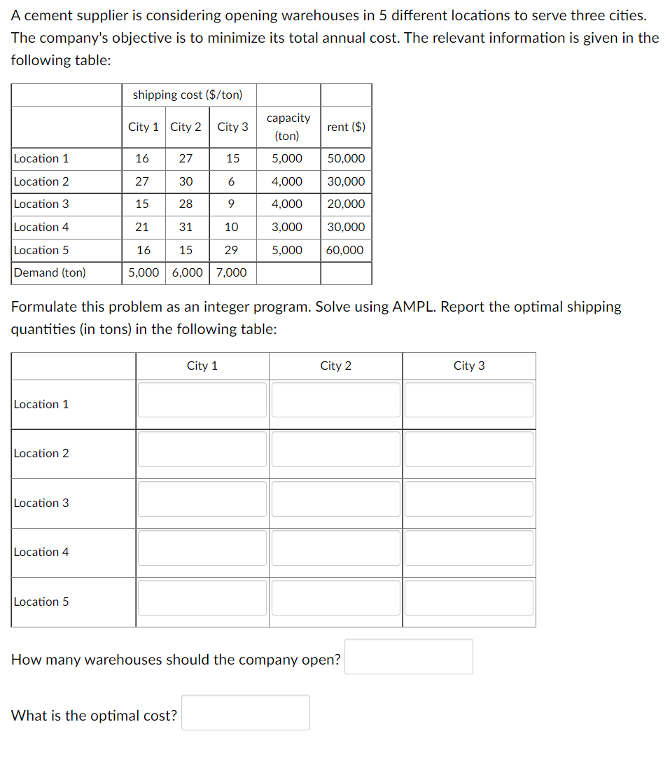 Solved A cement supplier is considering opening warehouses | Chegg.com